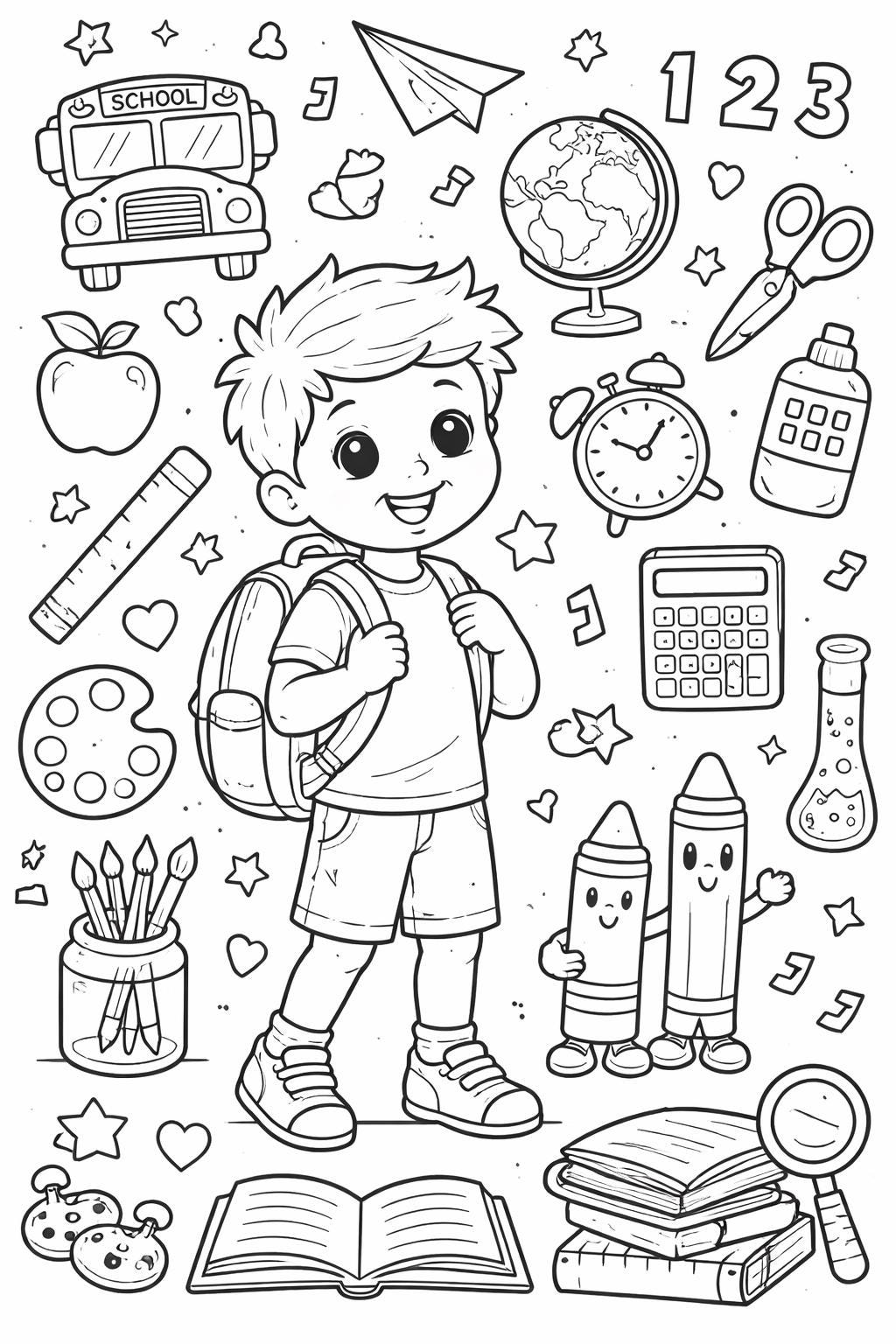 Boy With Backpack Colouring Page | School Kid Printable | Line Art ...