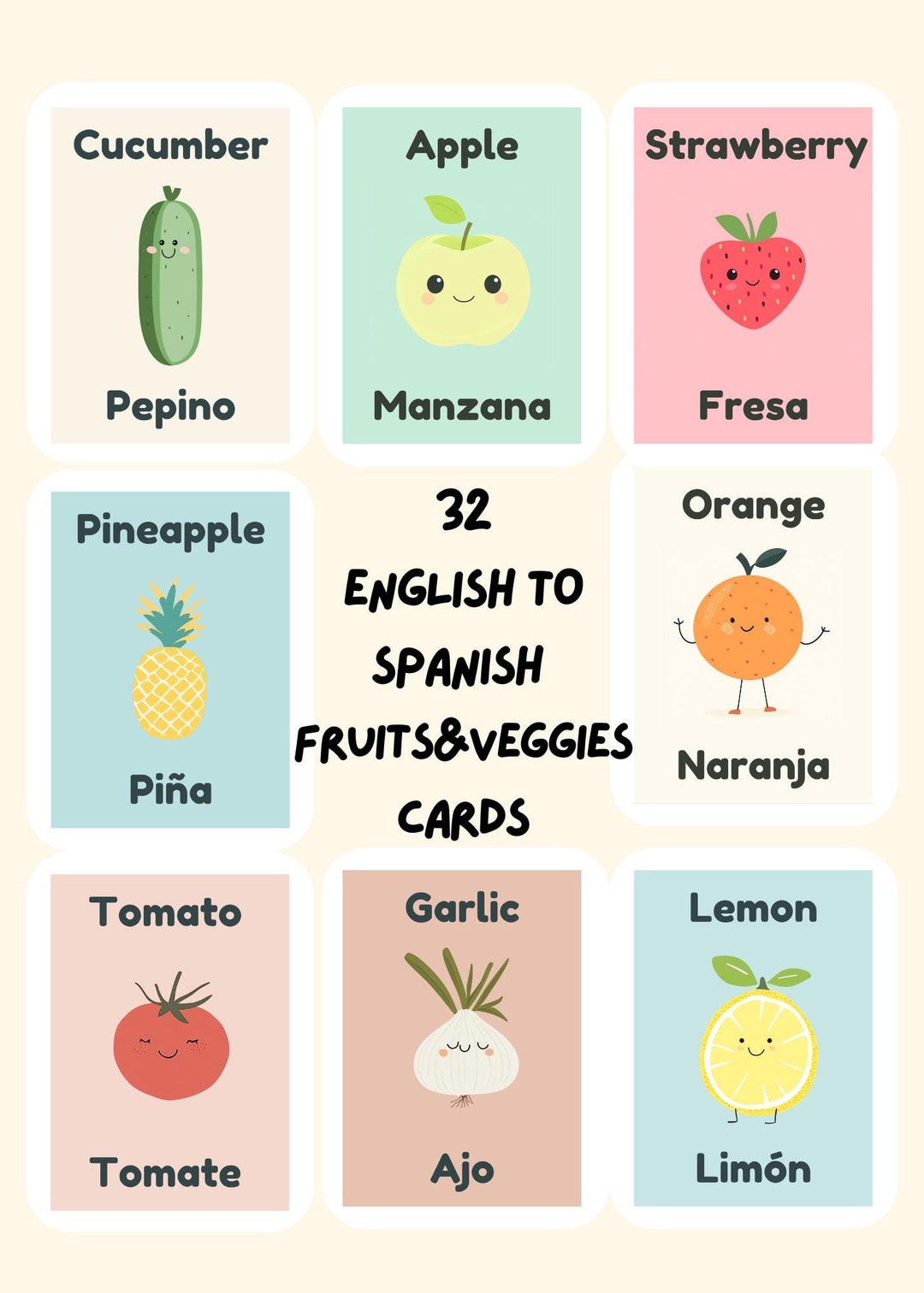 Bilingual Fruit & Vegetable Flashcards, Educational Cards for Children ...