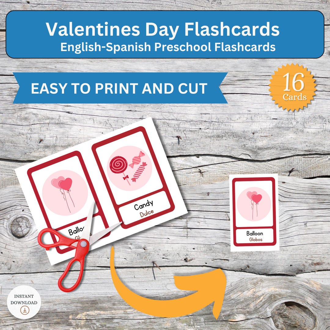 Colorful Bold Style Valentines Day Flashcards, English-spanish Dual ...