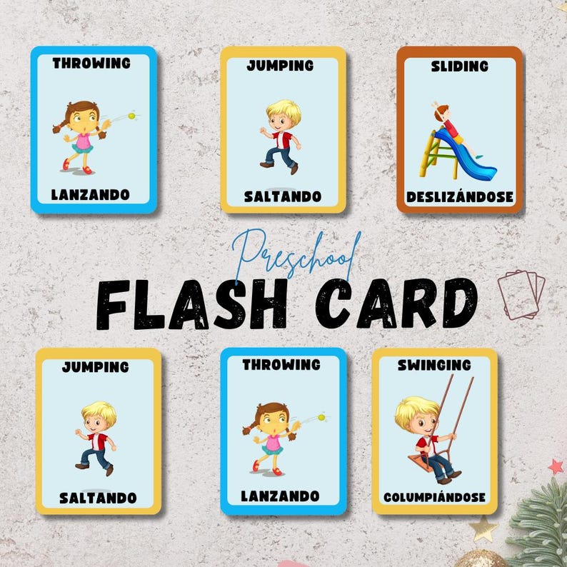 Illustrated English Verbs Flashcards, Colorful Learning Cards ...