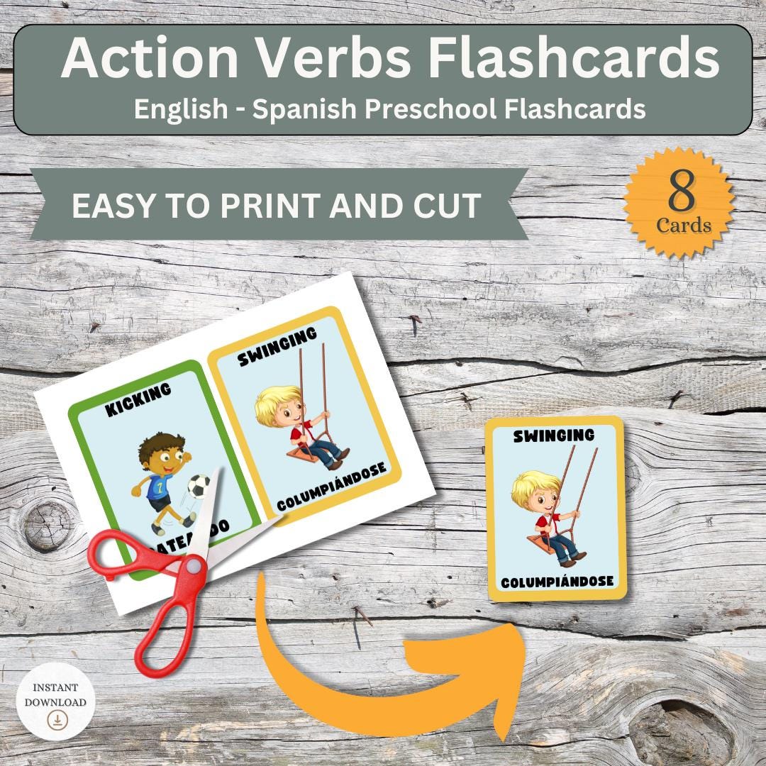 Illustrated English Verbs Flashcards, Colorful Learning Cards ...