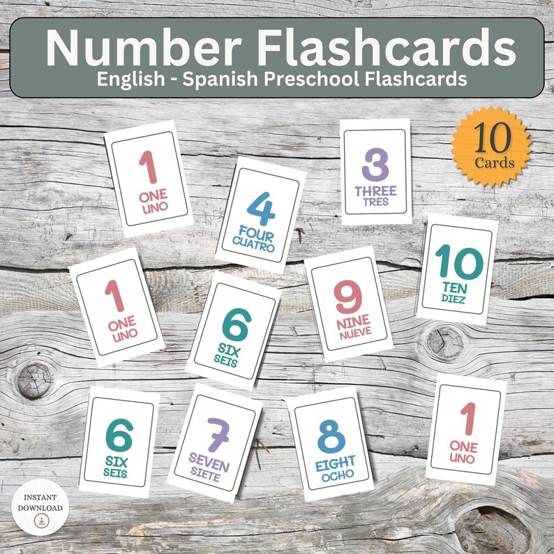 English Spanish Number Flashcard Set, Bilingual Learning Cards ...