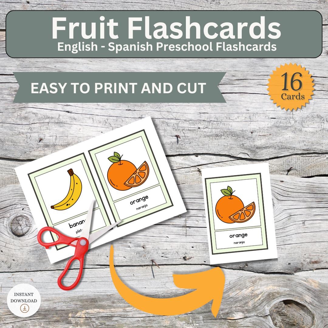 English-spanish Fruit Flashcards, Cartoon Style, Educational Learning ...