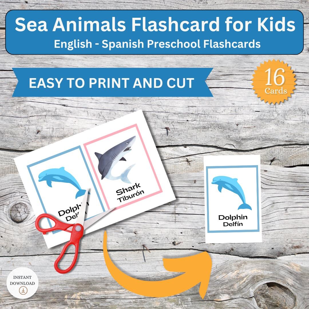 Sea Animals Flashcards English Spanish, Bilingual Learning Cards ...