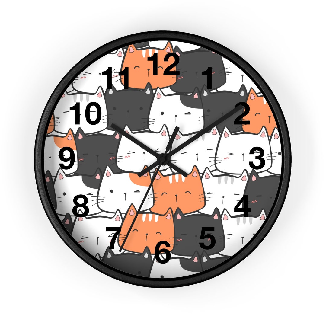 Wall Clock Whimsical Cat Faces | Silent Non-ticking Round Clock, Wooden ...