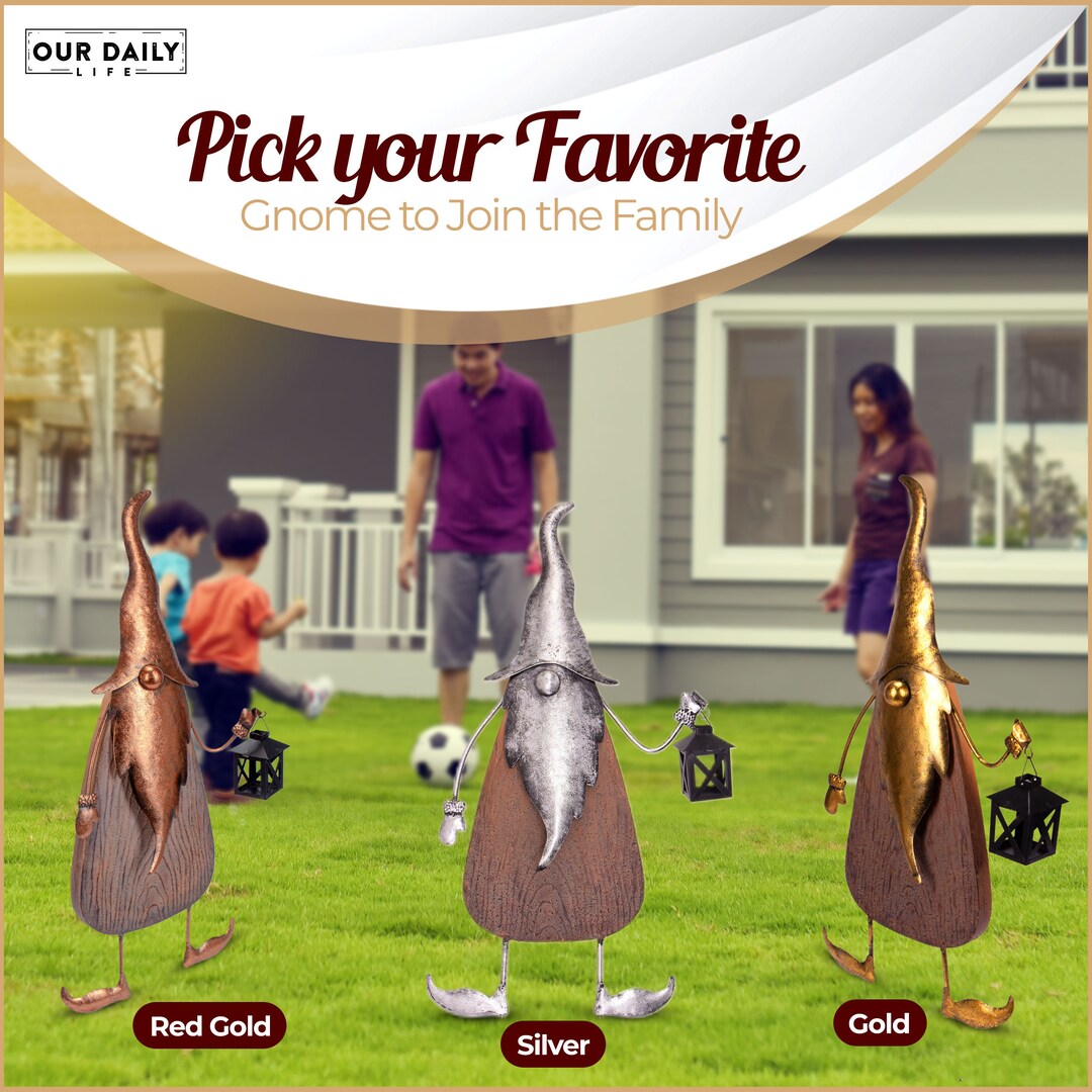 Metal Garden Gnome Gold, Red Gold or Silver Outdoor Gnomes for Gardens ...