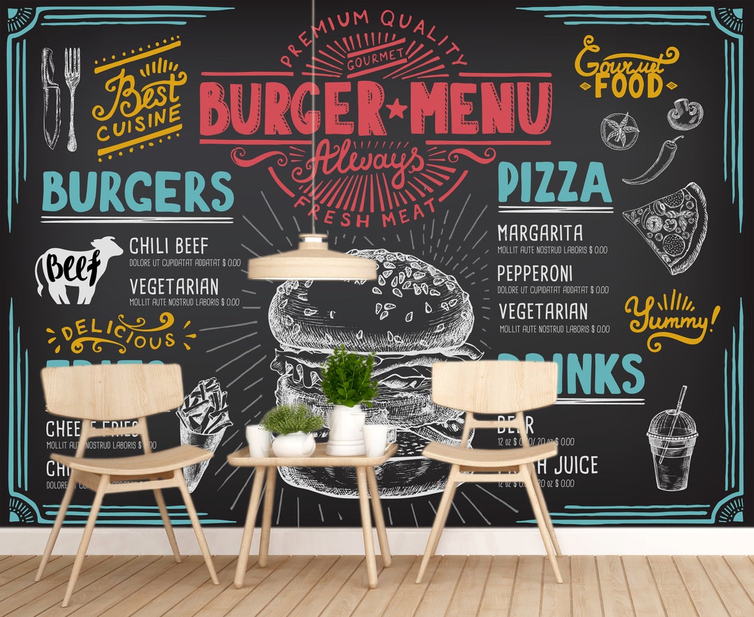 Burger Menu Wallpaper Cafe Wallpaper Art Wallpaper Peel and - Etsy ...