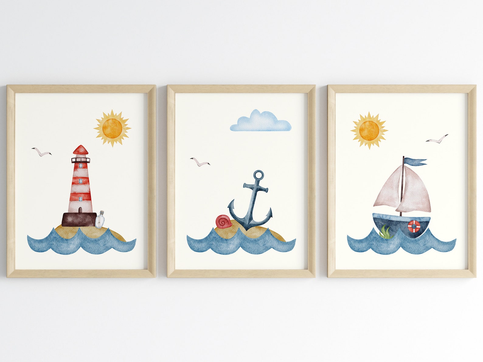Nautical Wall Art for Neutral Nursery, Lighthouse Anchor Sailboat Set ...