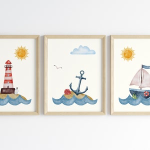Nautical Wall Art for Neutral Nursery, Lighthouse Anchor Sailboat Set ...