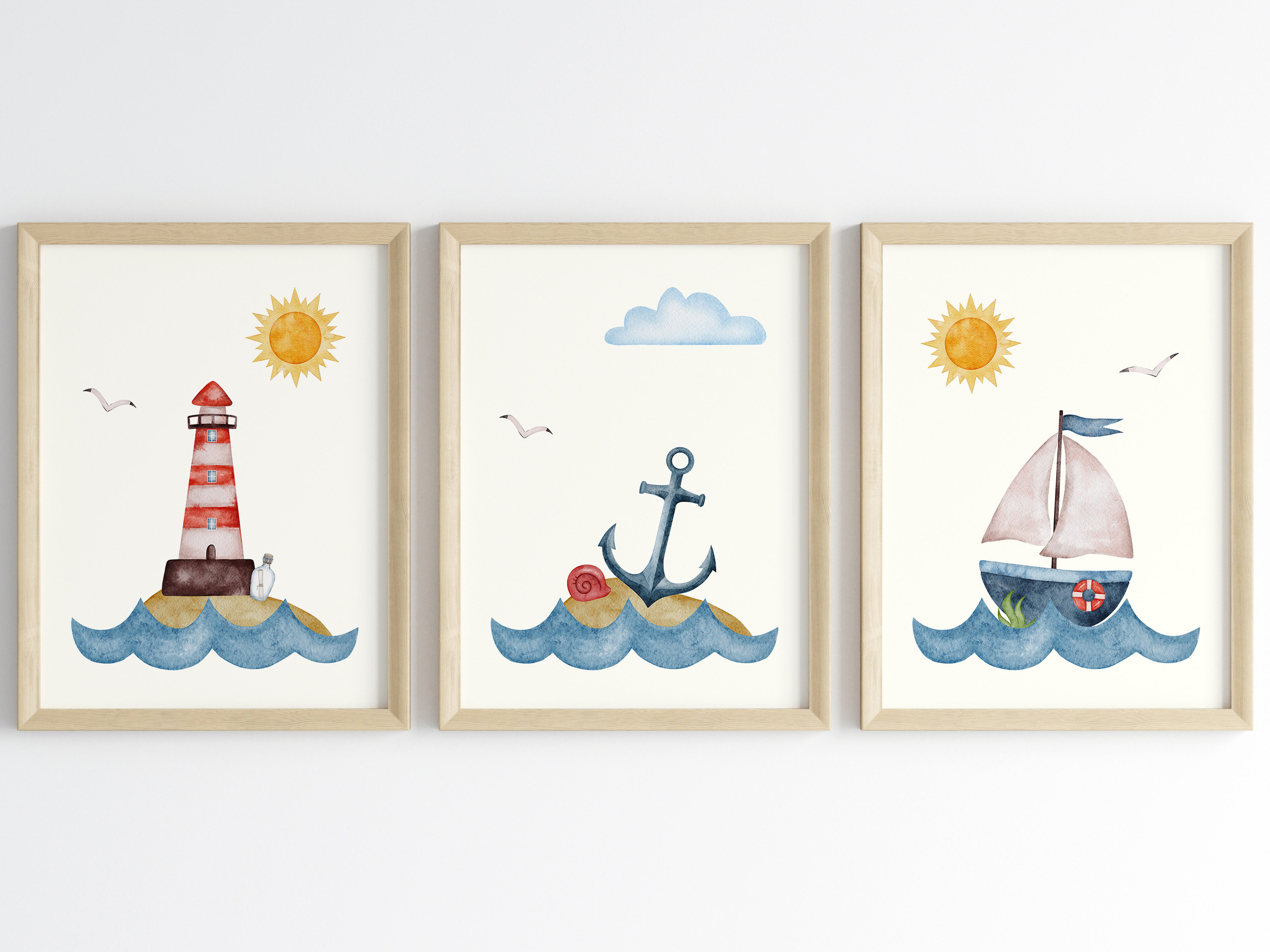 Nautical Wall Art for Neutral Nursery, Lighthouse Anchor Sailboat Set ...