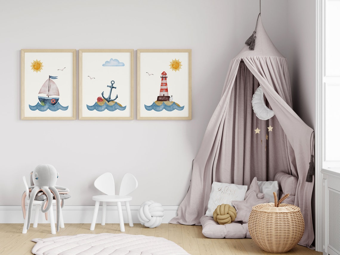 Nautical Wall Art for Neutral Nursery, Lighthouse Anchor Sailboat Set ...