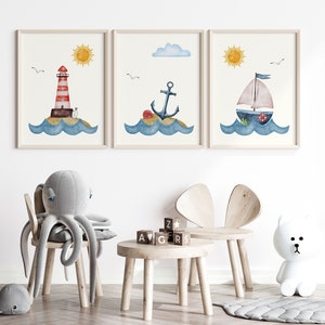 Nautical Wall Art for Neutral Nursery, Lighthouse Anchor Sailboat Set ...