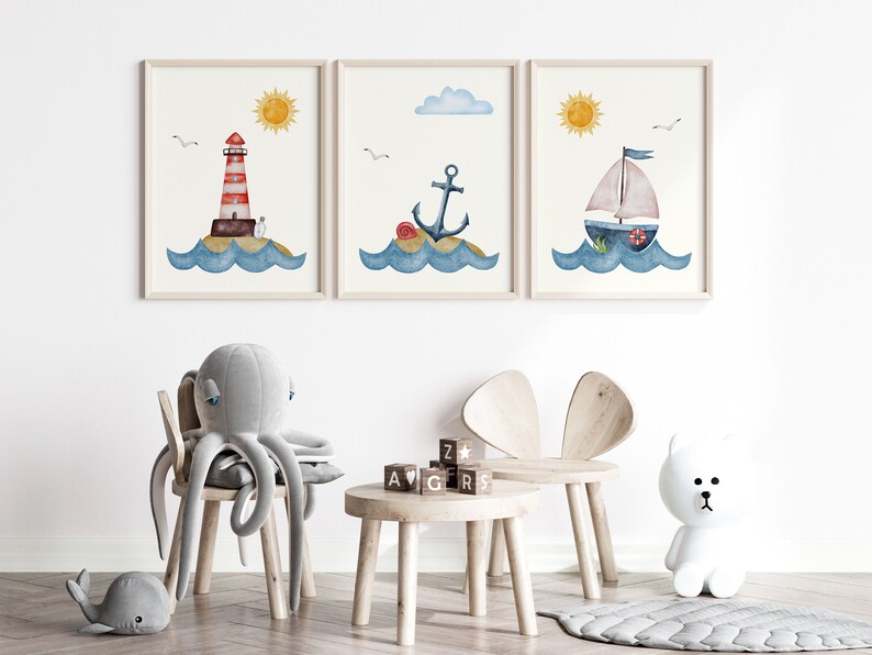 Nautical Wall Art for Neutral Nursery, Lighthouse Anchor Sailboat Set ...