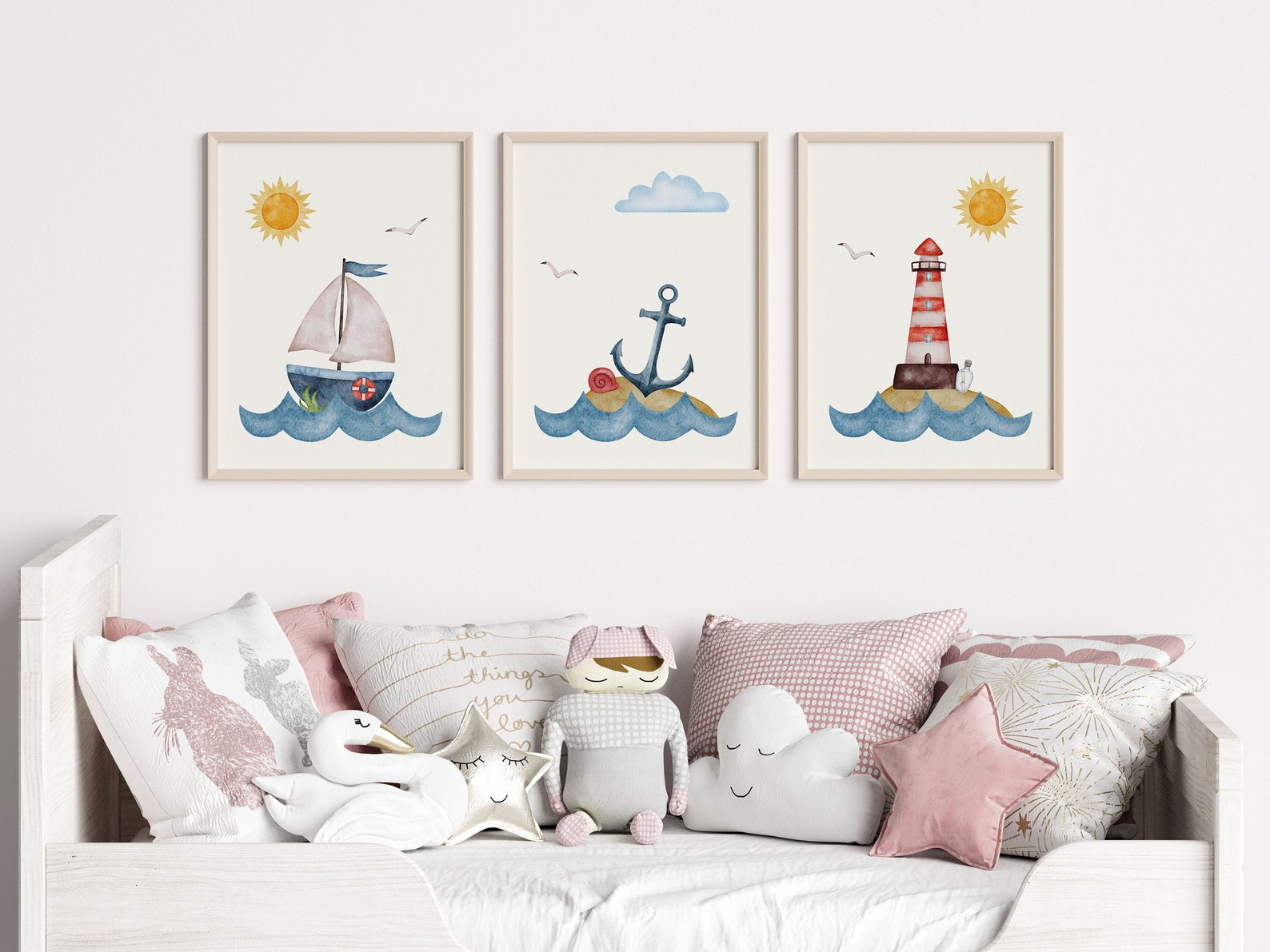 Nautical Wall Art for Neutral Nursery, Lighthouse Anchor Sailboat Set ...