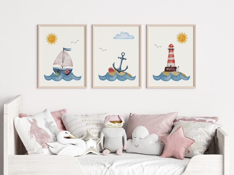 Nautical Wall Art for Neutral Nursery, Lighthouse Anchor Sailboat Set ...
