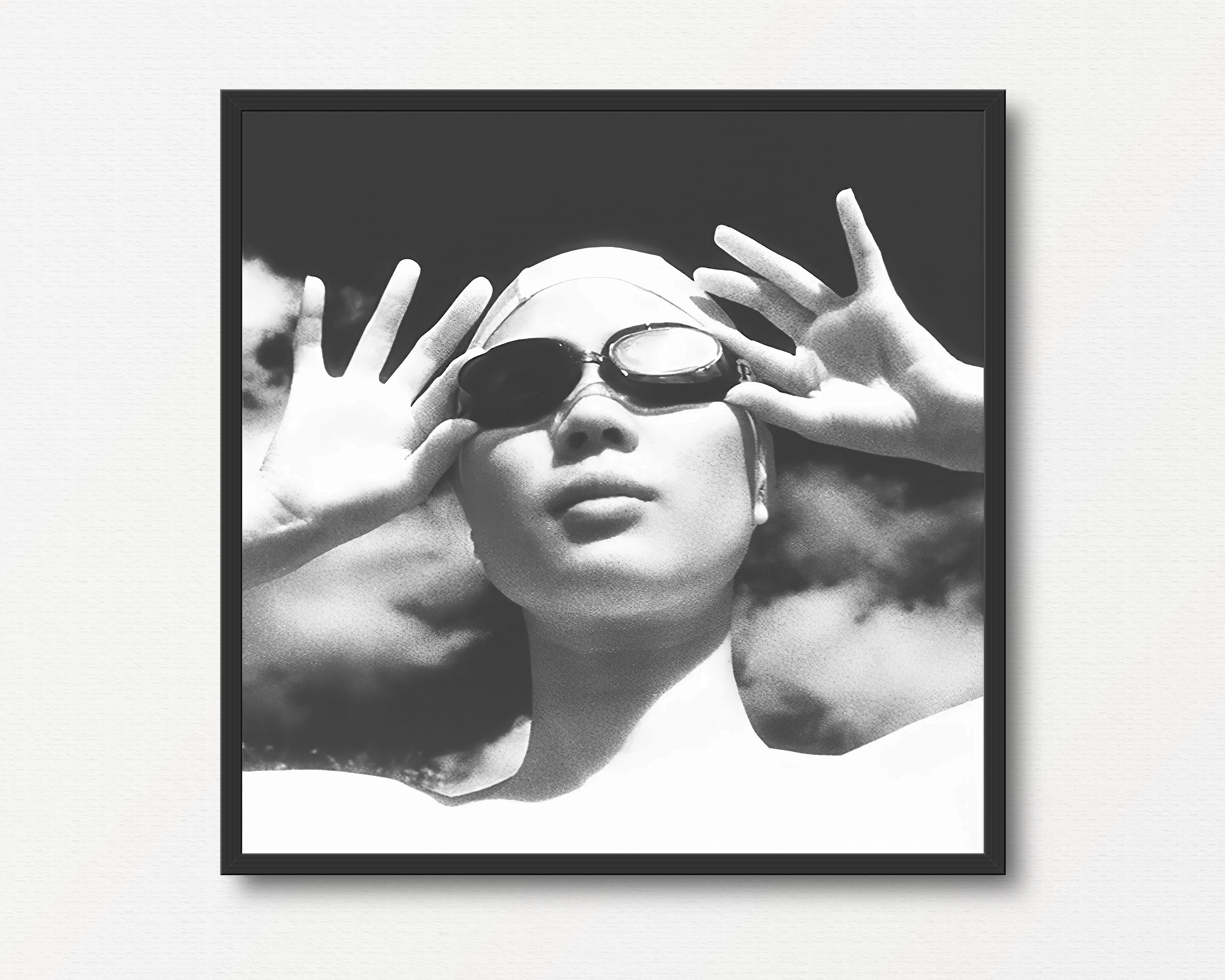 Swimmer Puts on Her Swimming Goggles, Vintage Black and White Photo ...