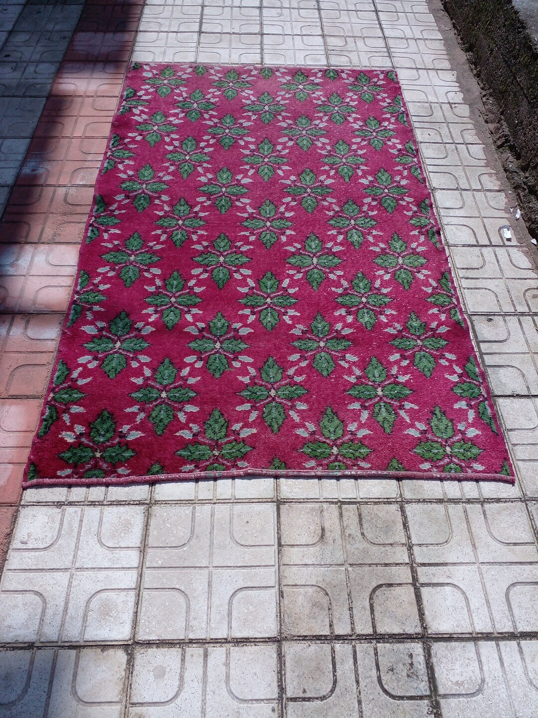 Vintage Rug Handmade From 1950s Hand-dyed Organic Wool 6x3 Ft Geometric ...