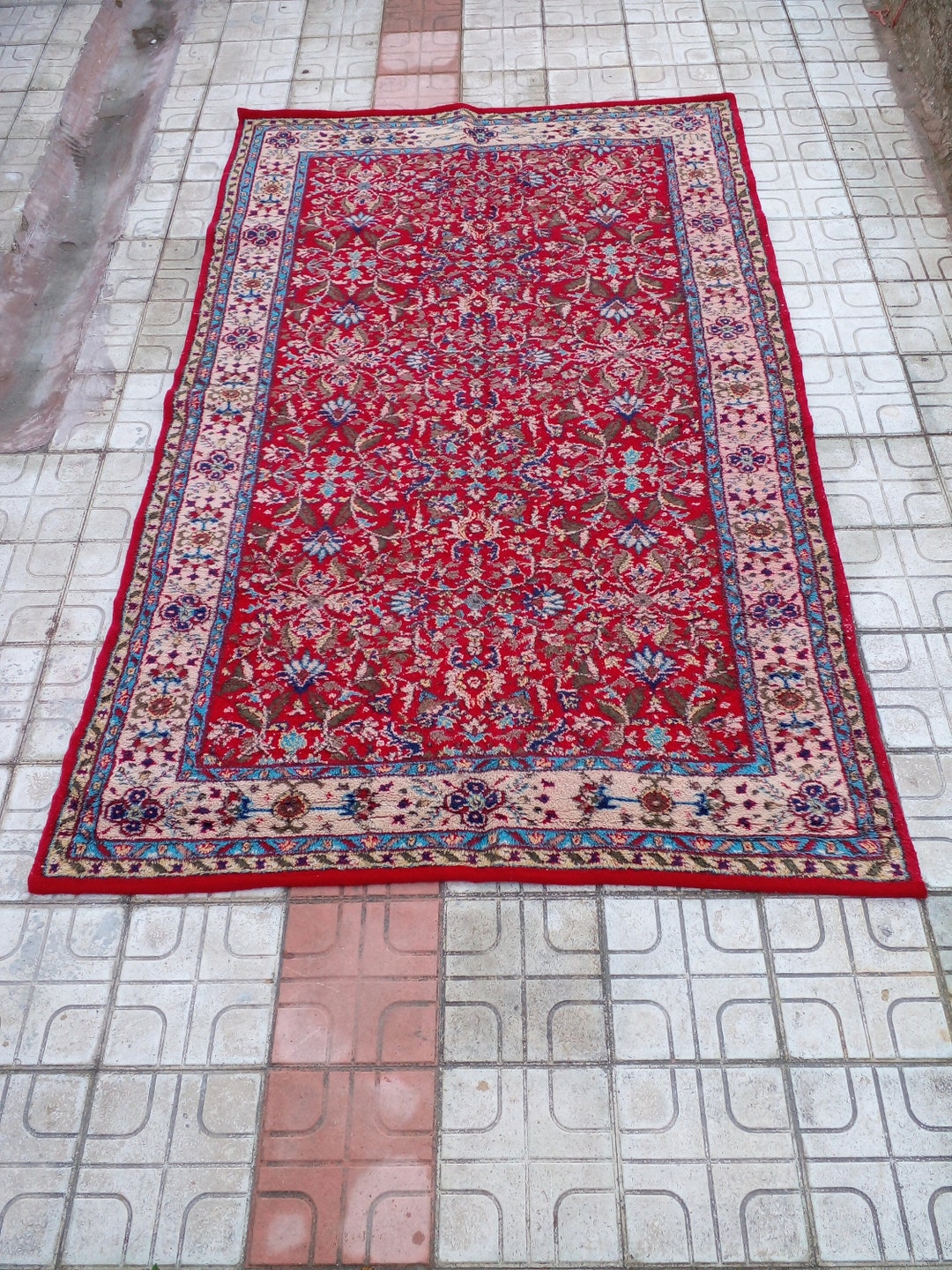 Vintage Rug Handmade From 1950s Hand-dyed Organic Wool 9x5 Ft Geometric ...