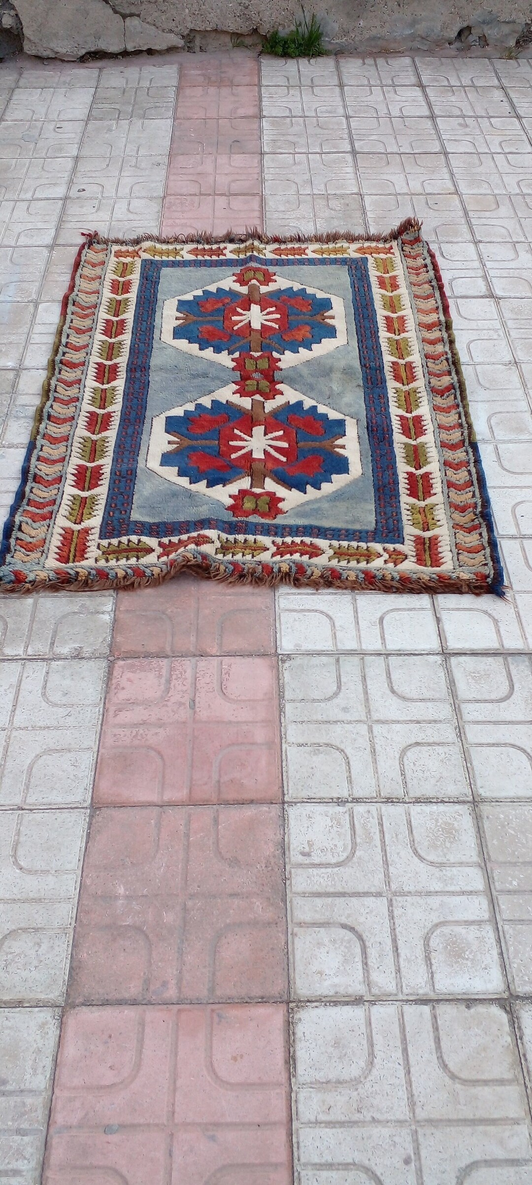 Vintage Rug Handmade From 1940s Hand-dyed Organic Wool 4x3 Ft Geometric ...