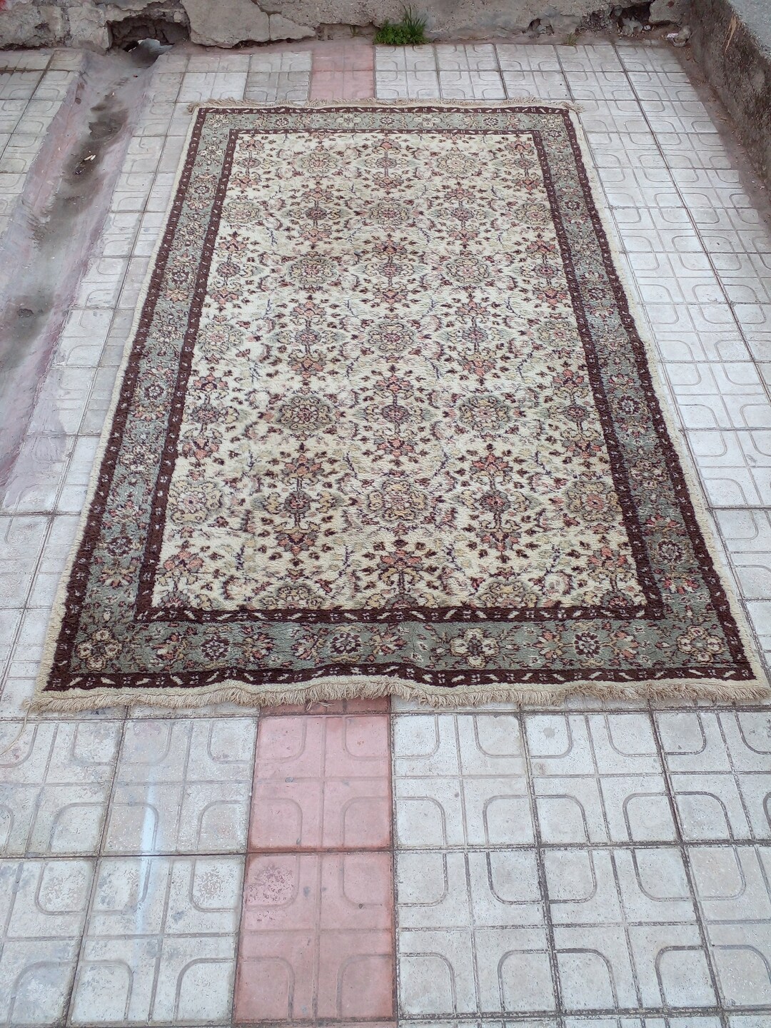 Vintage Rug Handmade From 1950s Hand-dyed Organic Wool 9x5 Ft Geometric ...