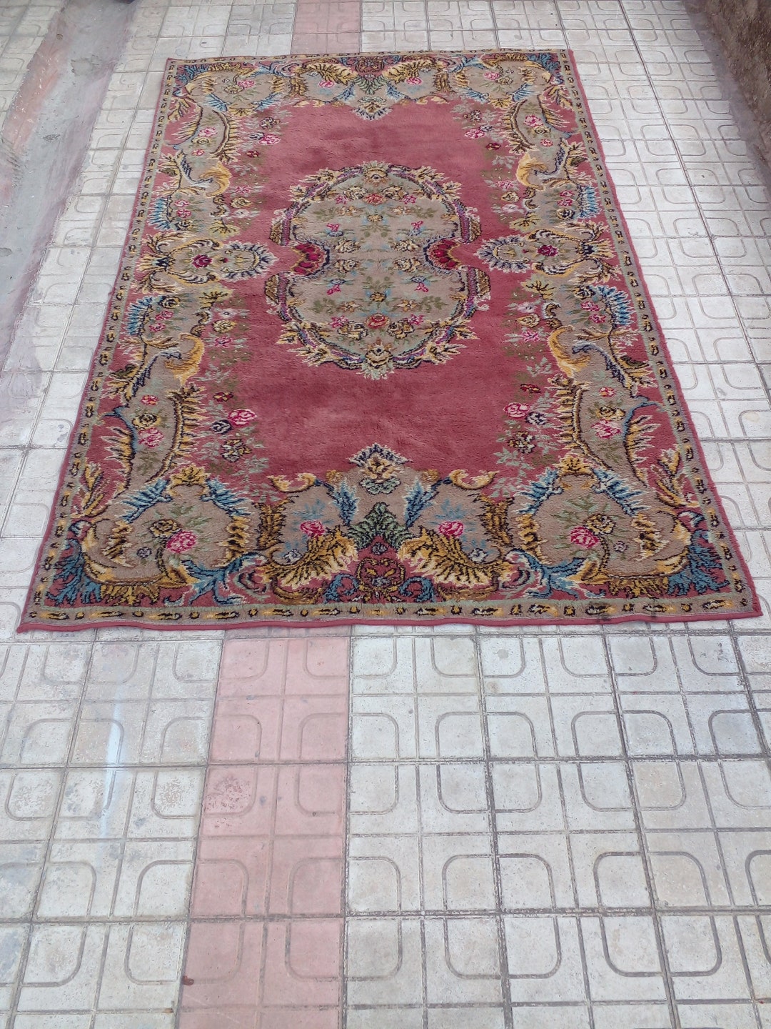 Vintage Rug Handmade From 1930s Hand-dyed Organic Wool 9x5 Ft Geometric ...