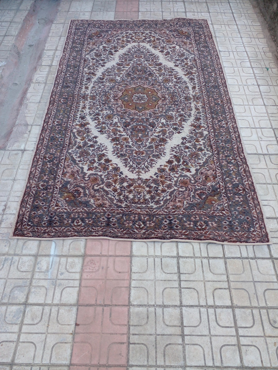 Vintage Rug Handmade From 1950s Hand-dyed Organic Wool 9x5 Ft Geometric ...