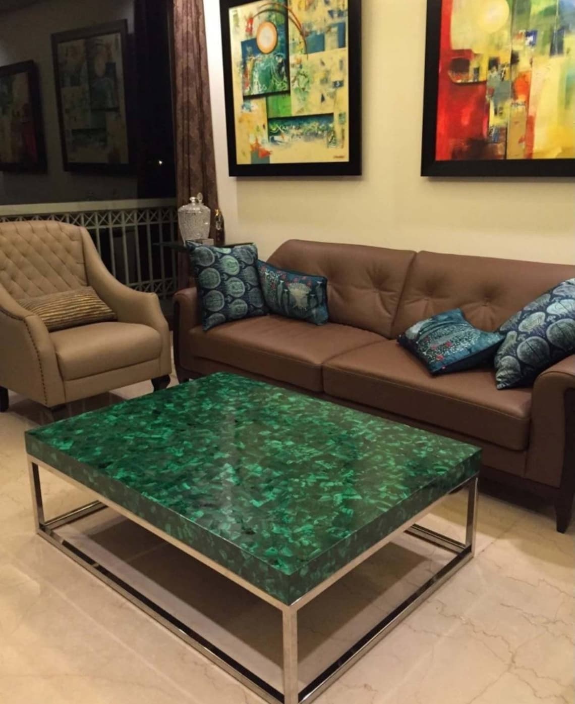 Malachite Gemstone Table Top, Handmade Dining Table, Hallway Top Center ...