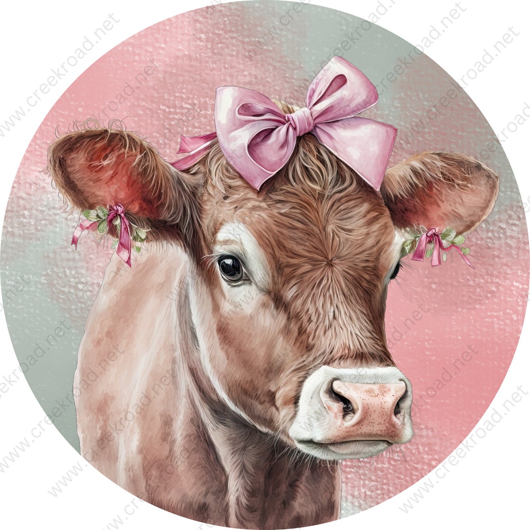 Pretty Pink Farm Cow With Pink Green Bows on Textured Colored ...