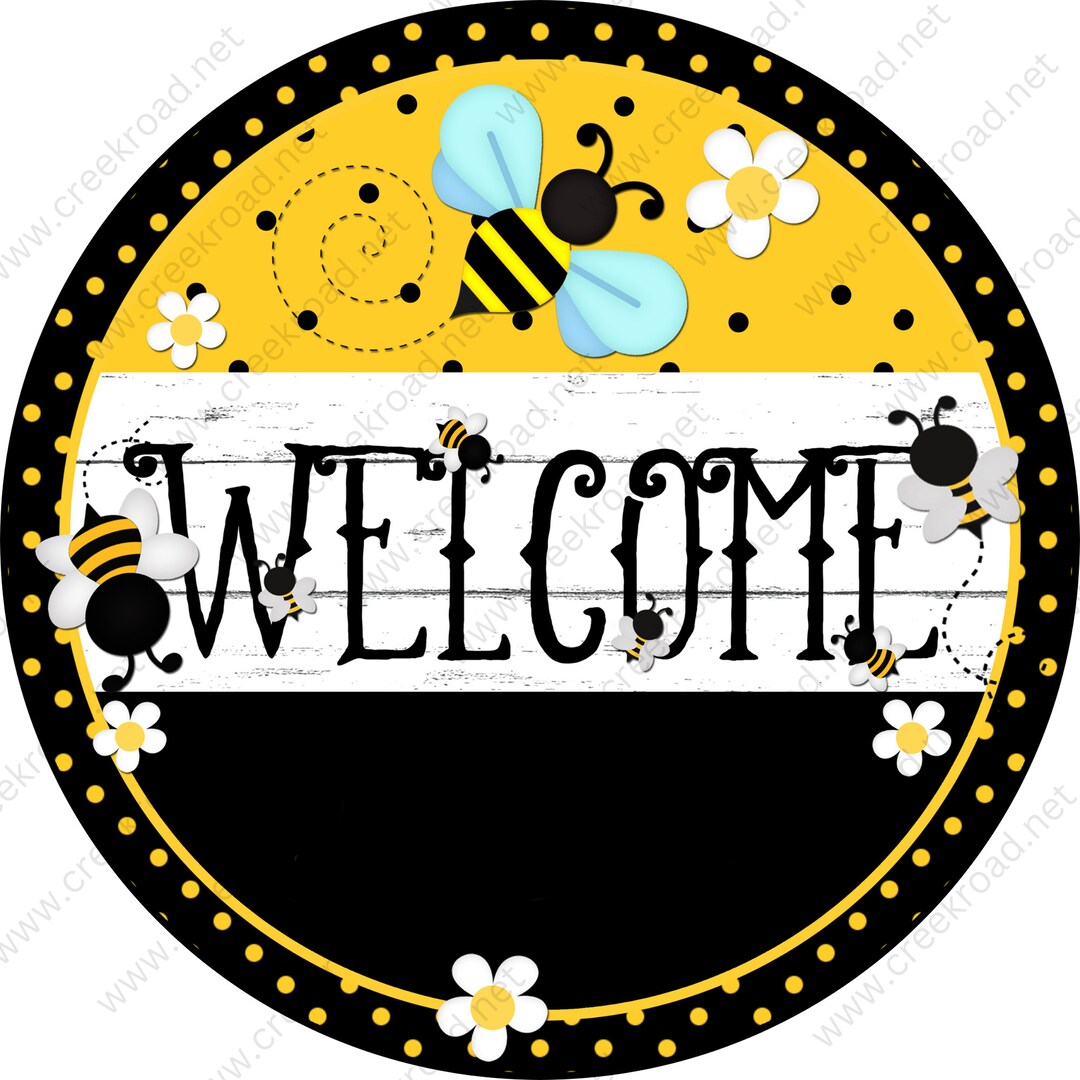 Welcome Spring Bumble Bees Flowers on Black With Yellow Polka Dot ...