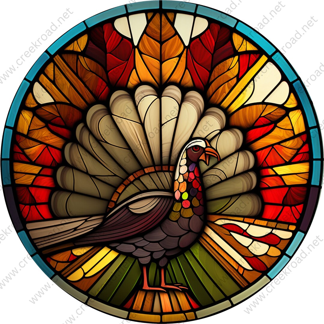 Fall Thanksgiving Turkey Faux Stained Glass Wreath Sign-round ...