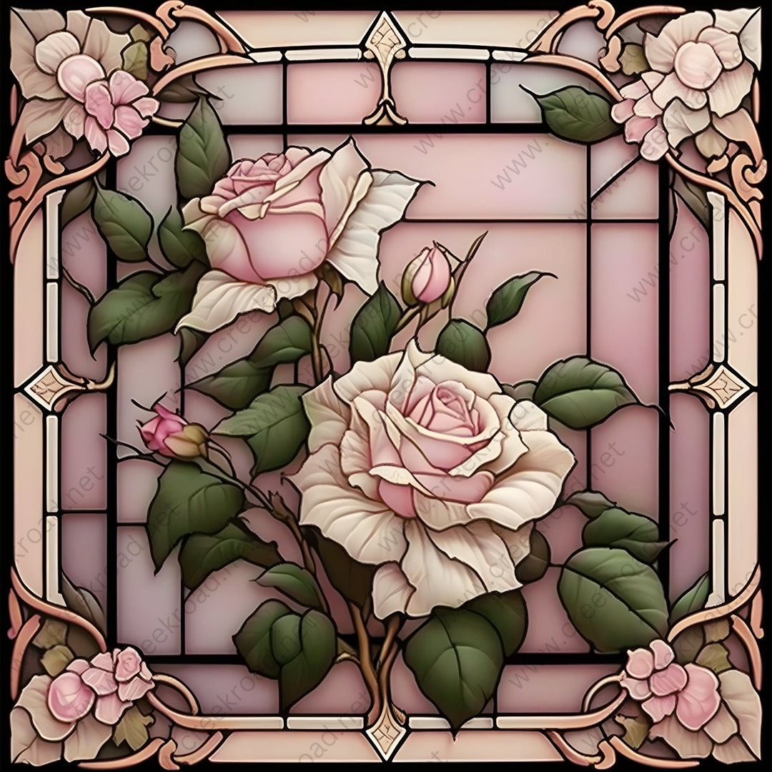 Pretty Pink Roses Faux Stained Glass Wreath Sign 10 X 10 Square ...
