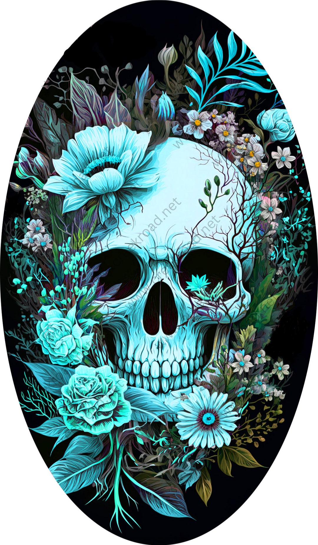 Teal Human Skull Floral Background Wreath Sign-7" X 12" Oval ...