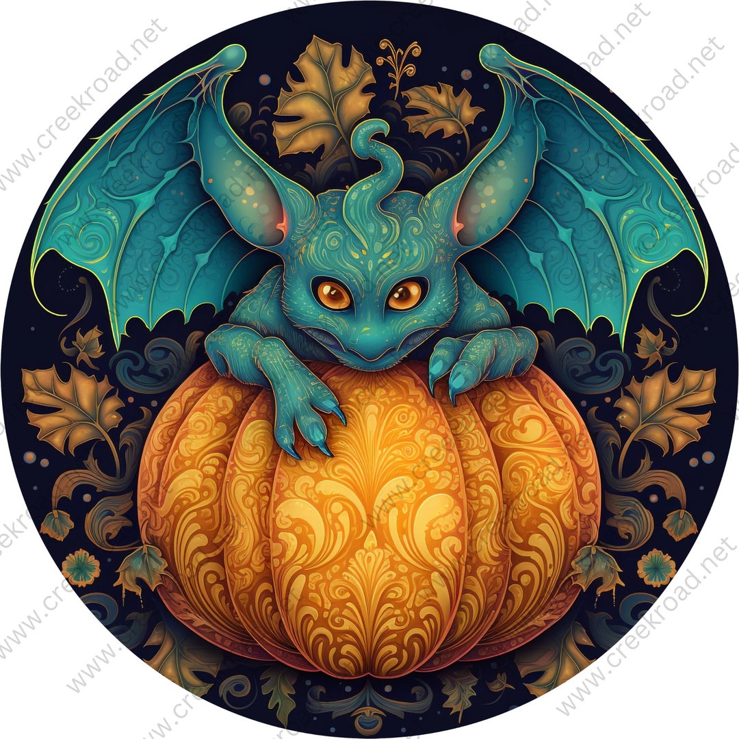 Teal Gargoyle Ornate Pumpkin Wreath Sign-halloween-sublimation-decor ...