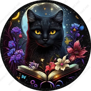 Halloween Black Cat Book With Flowers Wreath Sign-halloween-sublimation ...