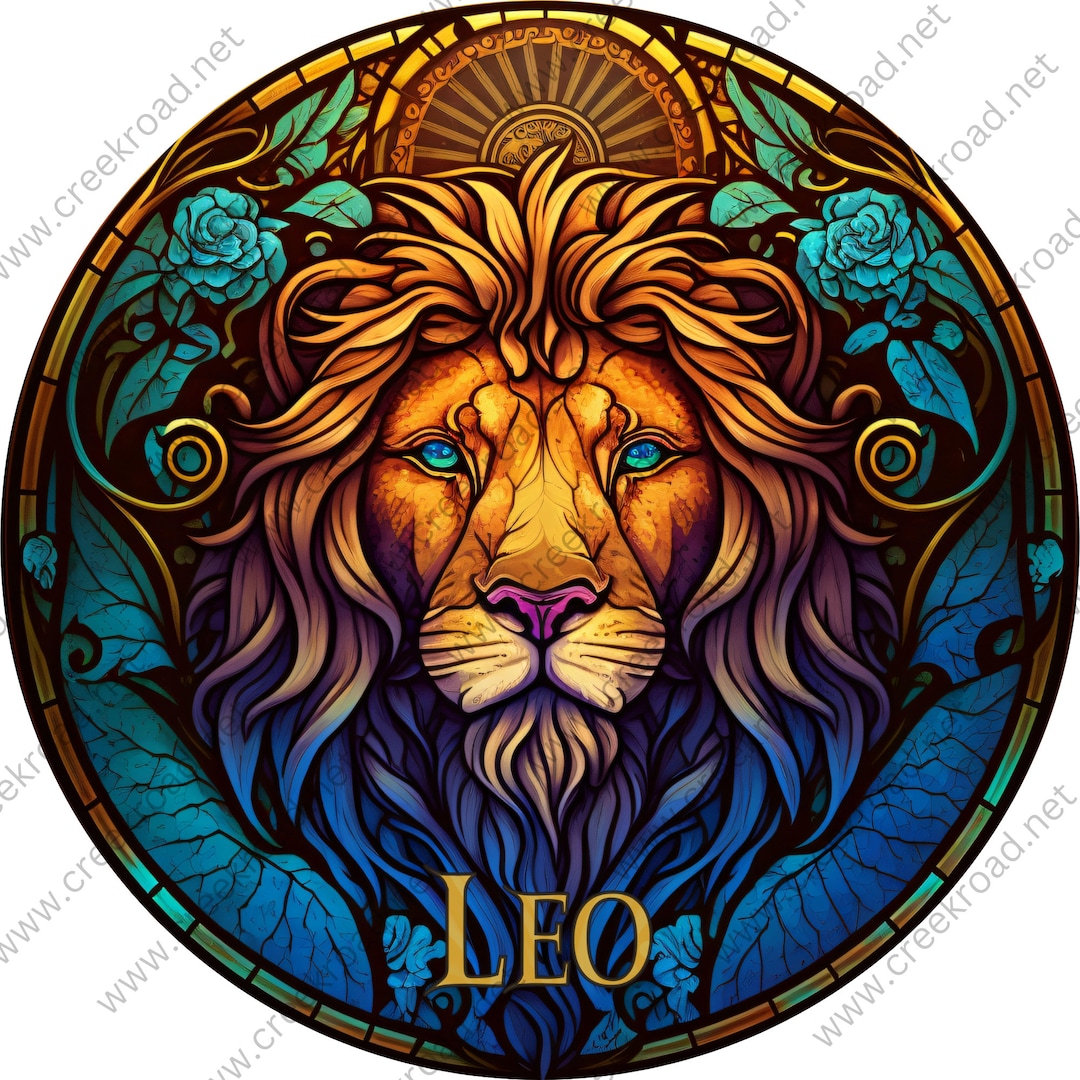 Leo the Lion Astrological Sign FAUX Stained Glass Wreath Sign-teal ...
