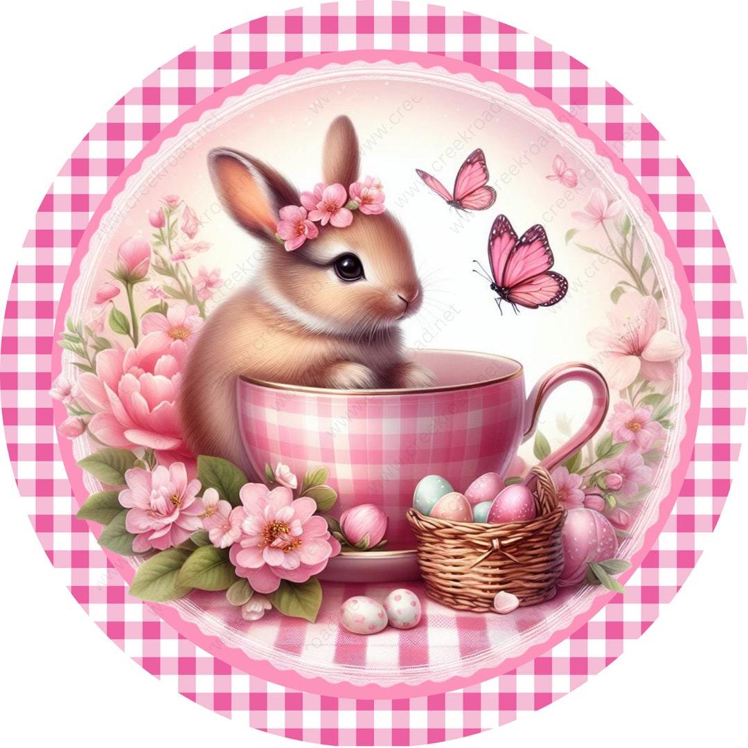 Easter Bunny in Teacup Pink Butterfly Wreath Sign-sublimation-easter ...