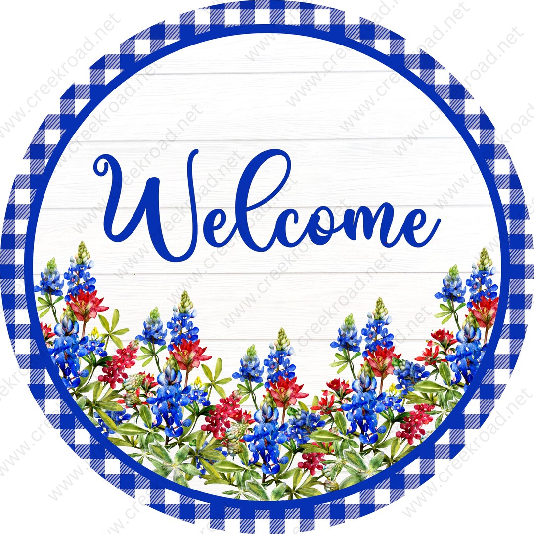 Welcome Spring Bluebonnets on White Shiplap Blue White Gingham Border ...