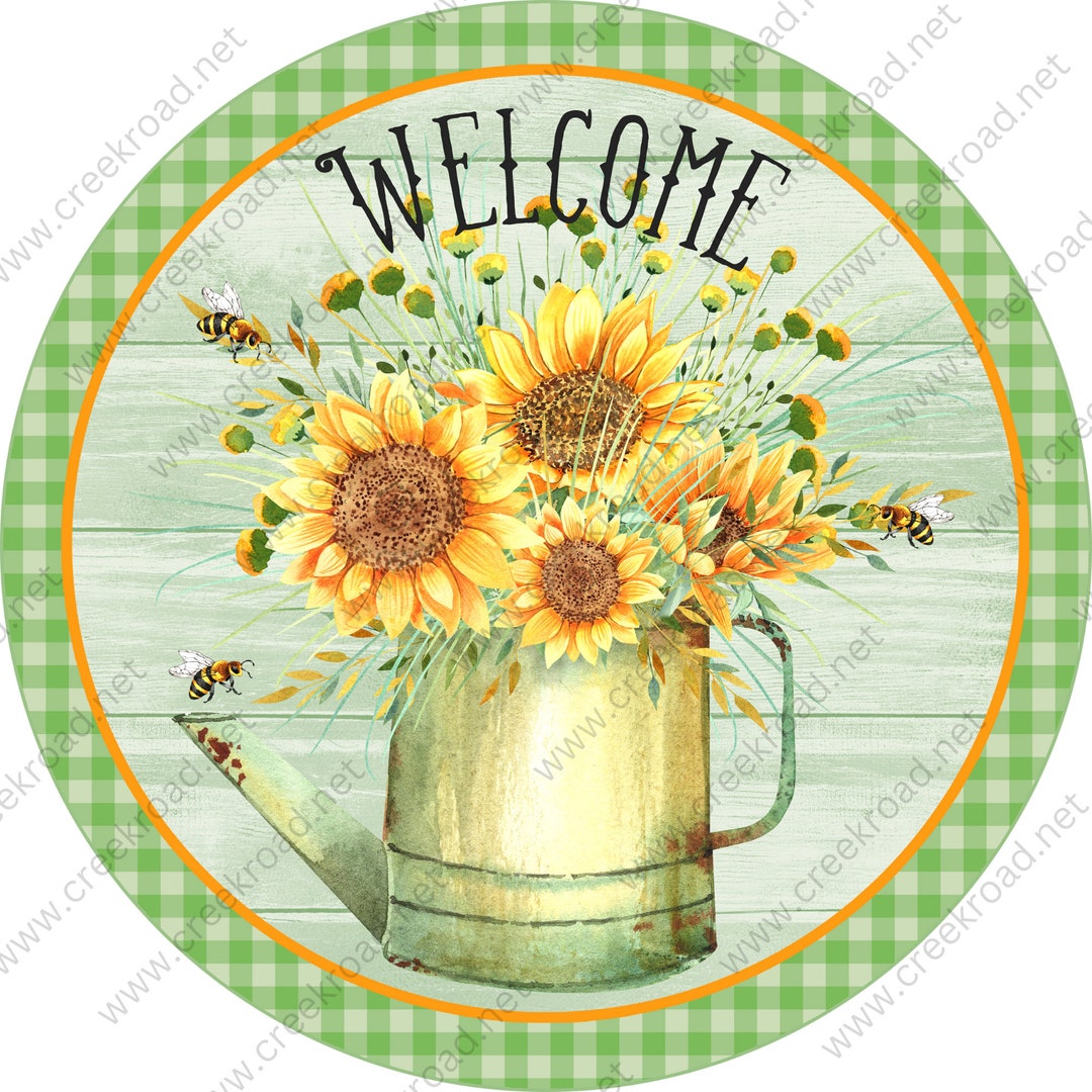 Welcome Sunflowers in Vintage Watering Can Bumble Bees on Green Shiplap ...