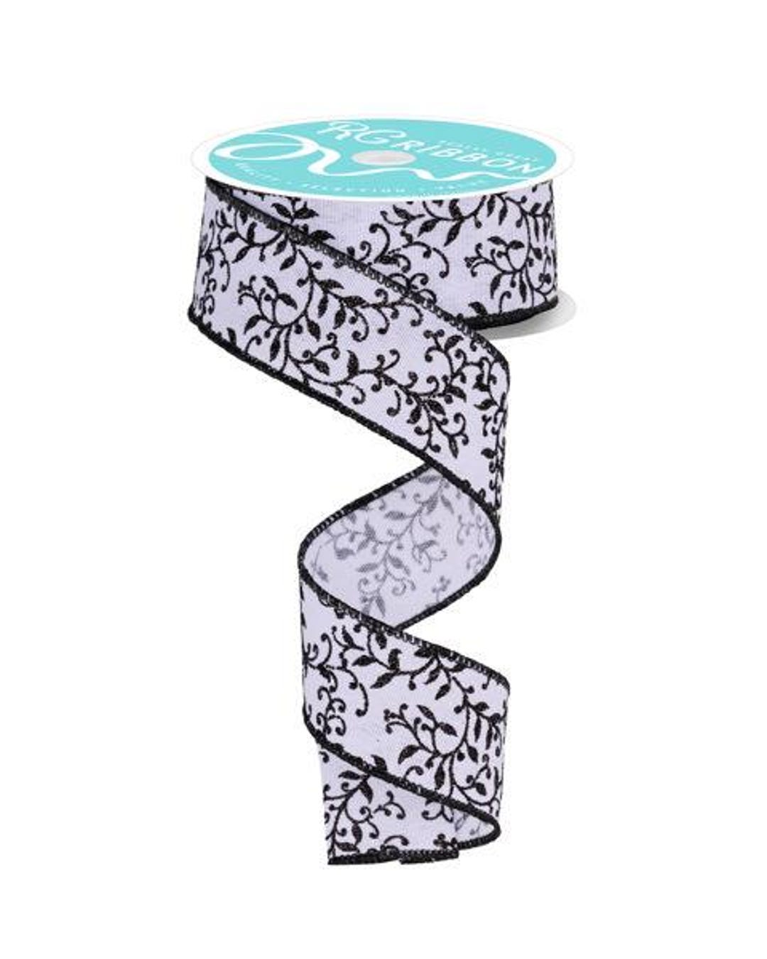 1.5" X 10yd Wired Ribbon-glitter Mini Leaf Vines-white/black-rgf1314x6 ...