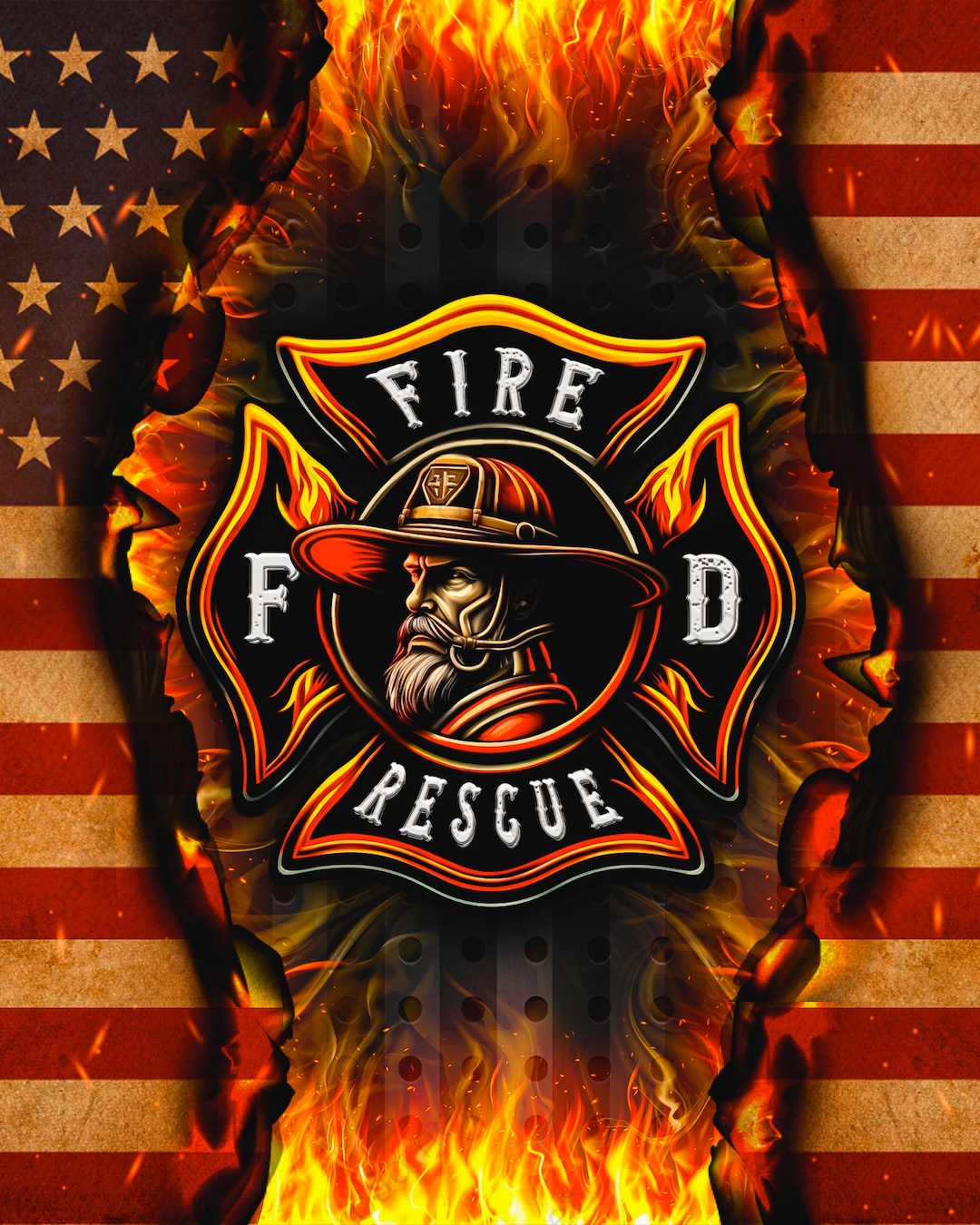 Fireman FD Rescue Symbol With Burning American Flag Background Wreath ...