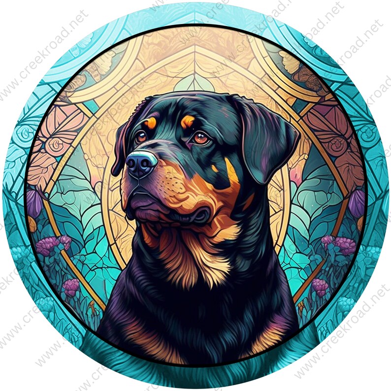Black Rottweiler FAUX Stained Glass Wreath Sign-round-everyday-spring ...