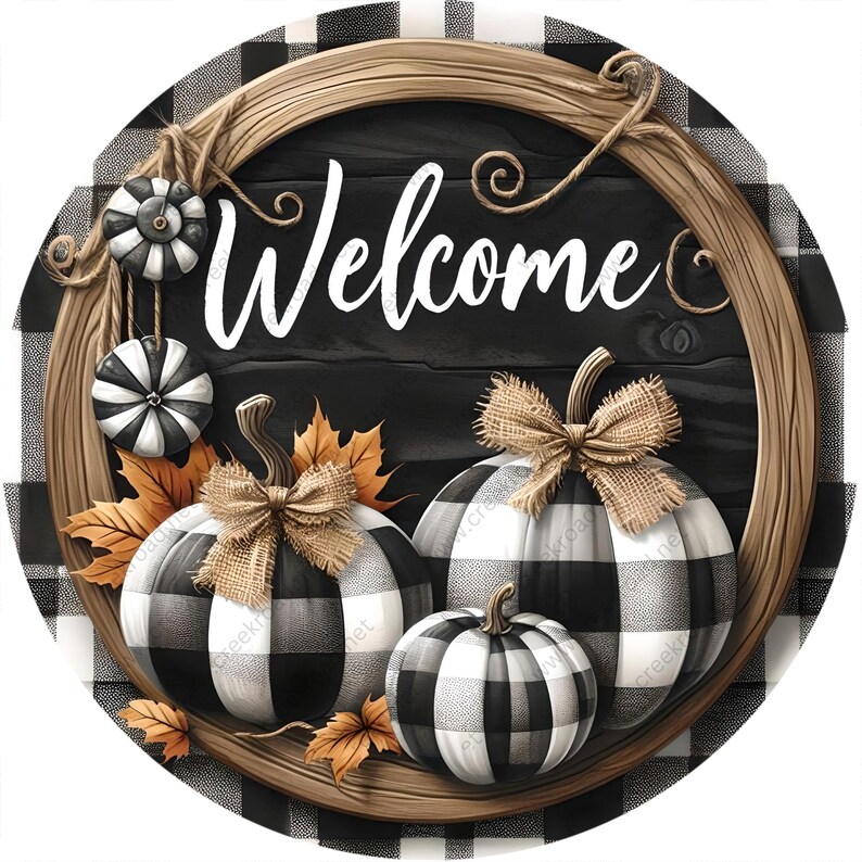 Welcome Black White Checkered Pumpkins Burlap Ribbon Wreath Sign ...