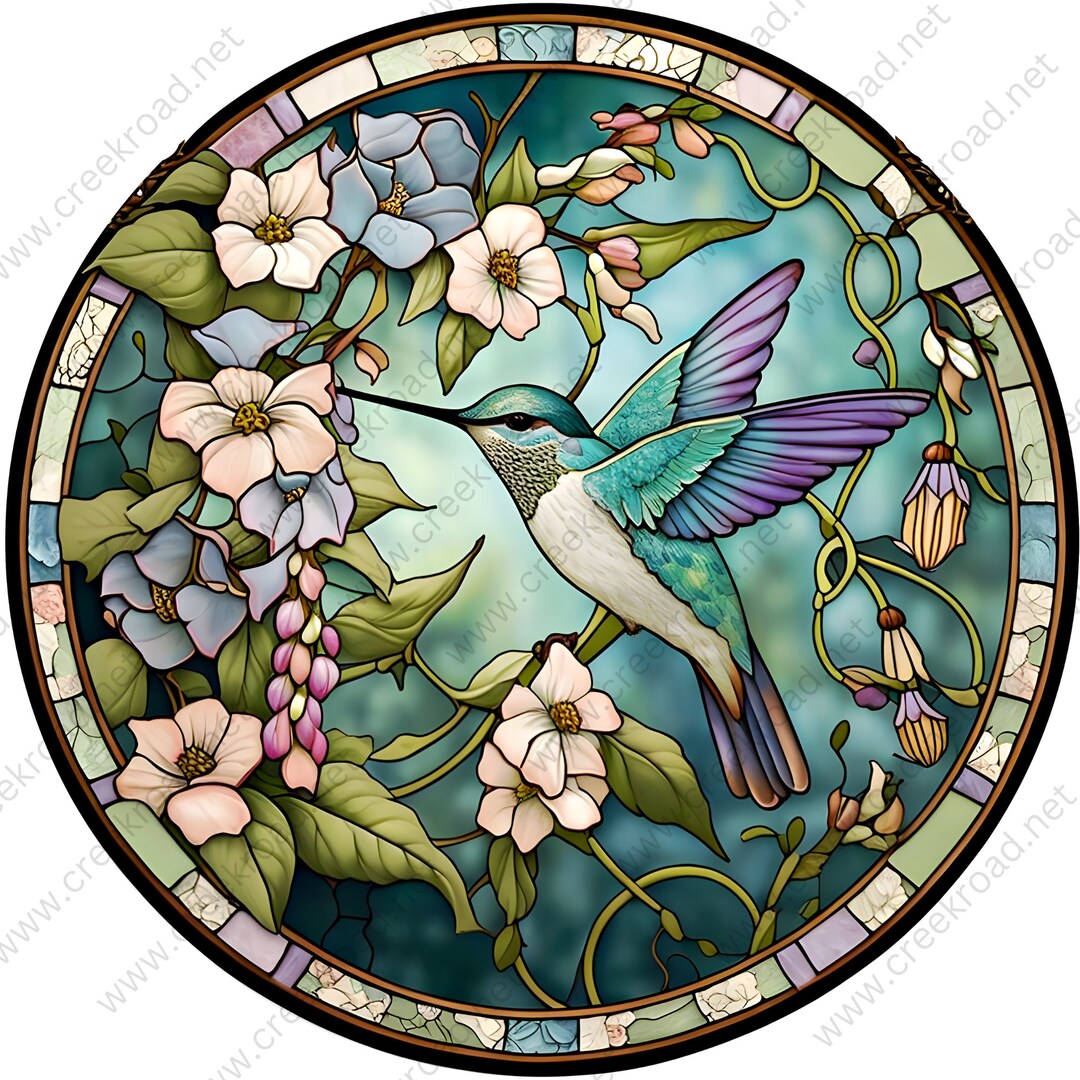Spring Hummingbird Teal Lavender Wings Faux Stained Glass Wreath Sign ...