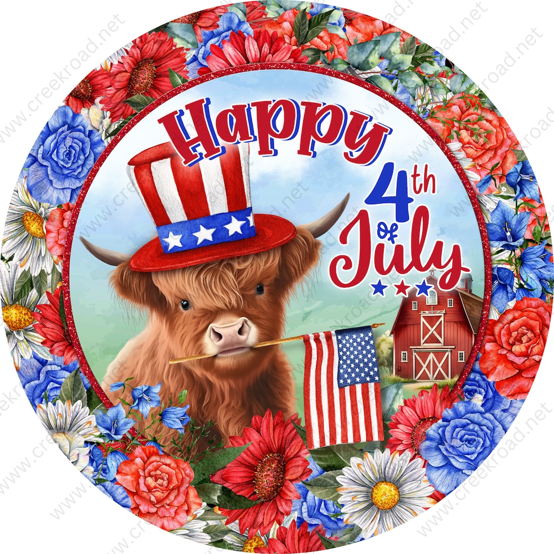 Happy 4th of July Highland Cow Barn With Colorful Floral Border Wreath ...