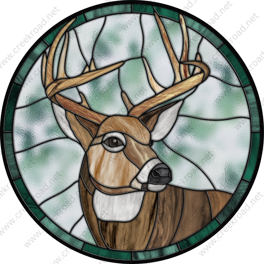 Whitetail Deer With Emerald Green Border Faux Stained Glass Wreath Sign ...