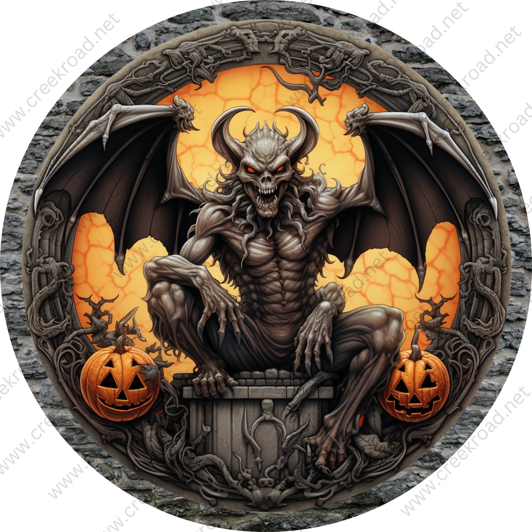 Evil Gargoyle With Pumpkins Wreath Sign-halloween-sublimation-decor ...