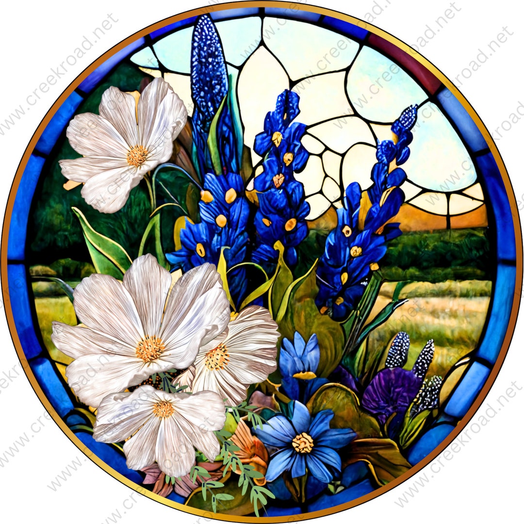 Texas Bluebonnet Flowers Bouquet in Spring Pasture Faux Stained Glass ...