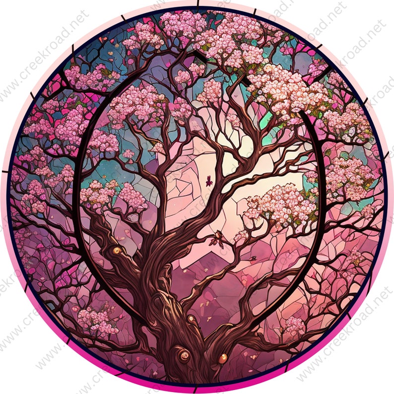 Pink Blooming Apple Blossom Tree Faux Stained Glass Wreath Sign-pink ...