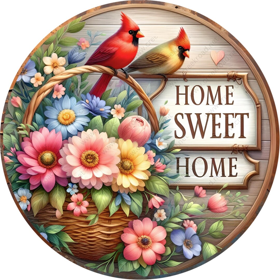 Home Sweet Home Spring Floral Basket With Cardinals Sublimated Wreath ...