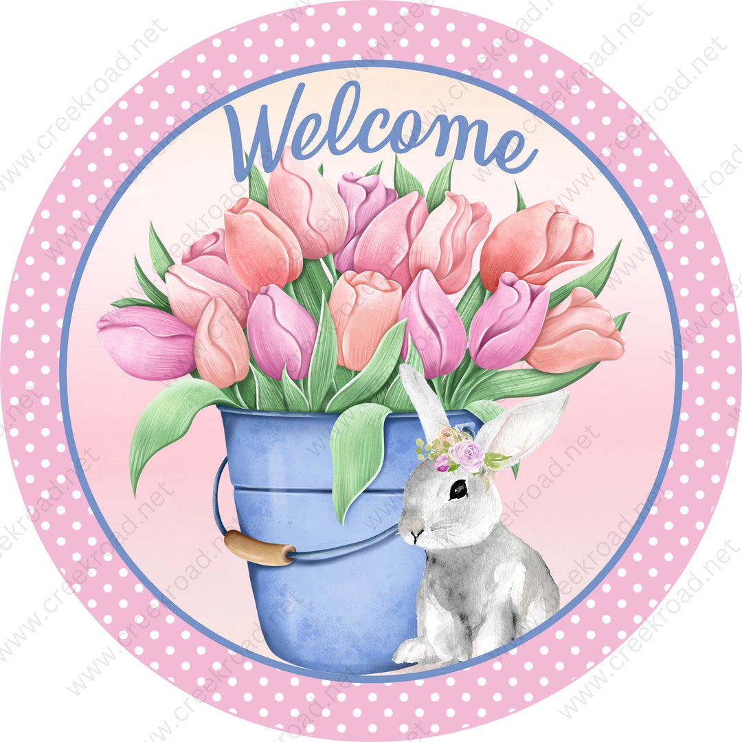 Welcome Bunny With Blue Bucket of Pink Easter Lilies Pink White Polka ...
